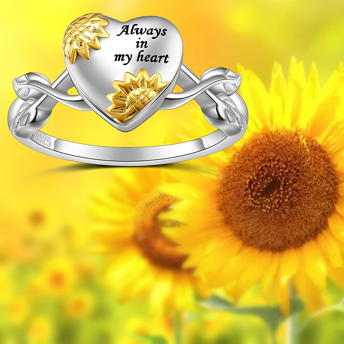 Sunflower Urn Ring for Ashes 925 Sterling Silver Cremation Jewelry Ashes Keepsake Ring for Women Memorial Jewelry Bereavement Gift Size 8