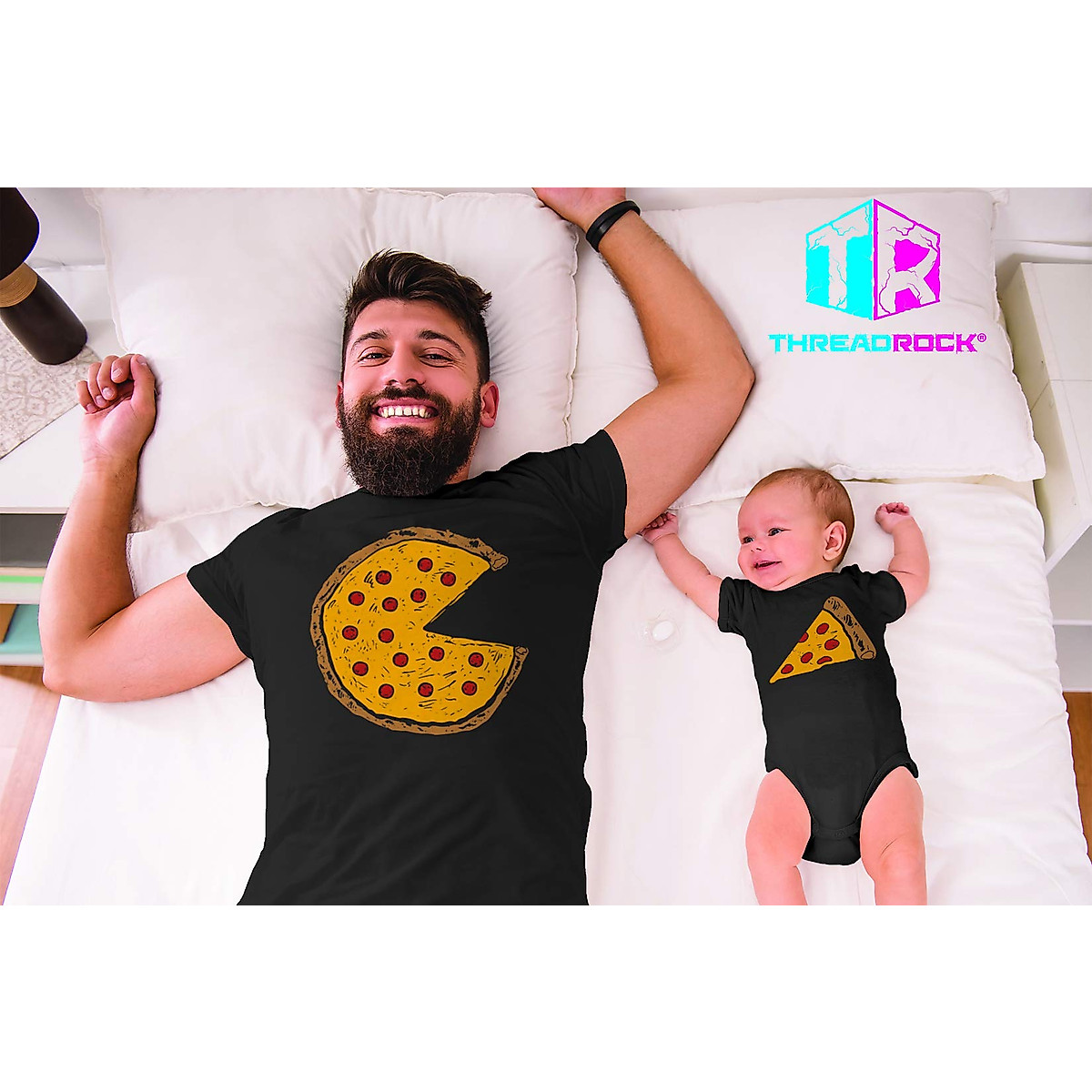 Threadrock Pizza Pie & Slice Infant Bodysuit & Men's T-Shirt Matching Set (Baby: 12M, Charcoal|Men's: L, Charcoal)
