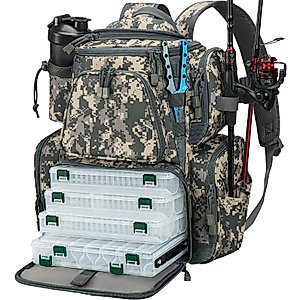 Piscifun Fishing Tackle Backpack with 4 Trays, Large Outdoor Storage Tackle Bag with Protective Rain Cover Digital Camouflage
