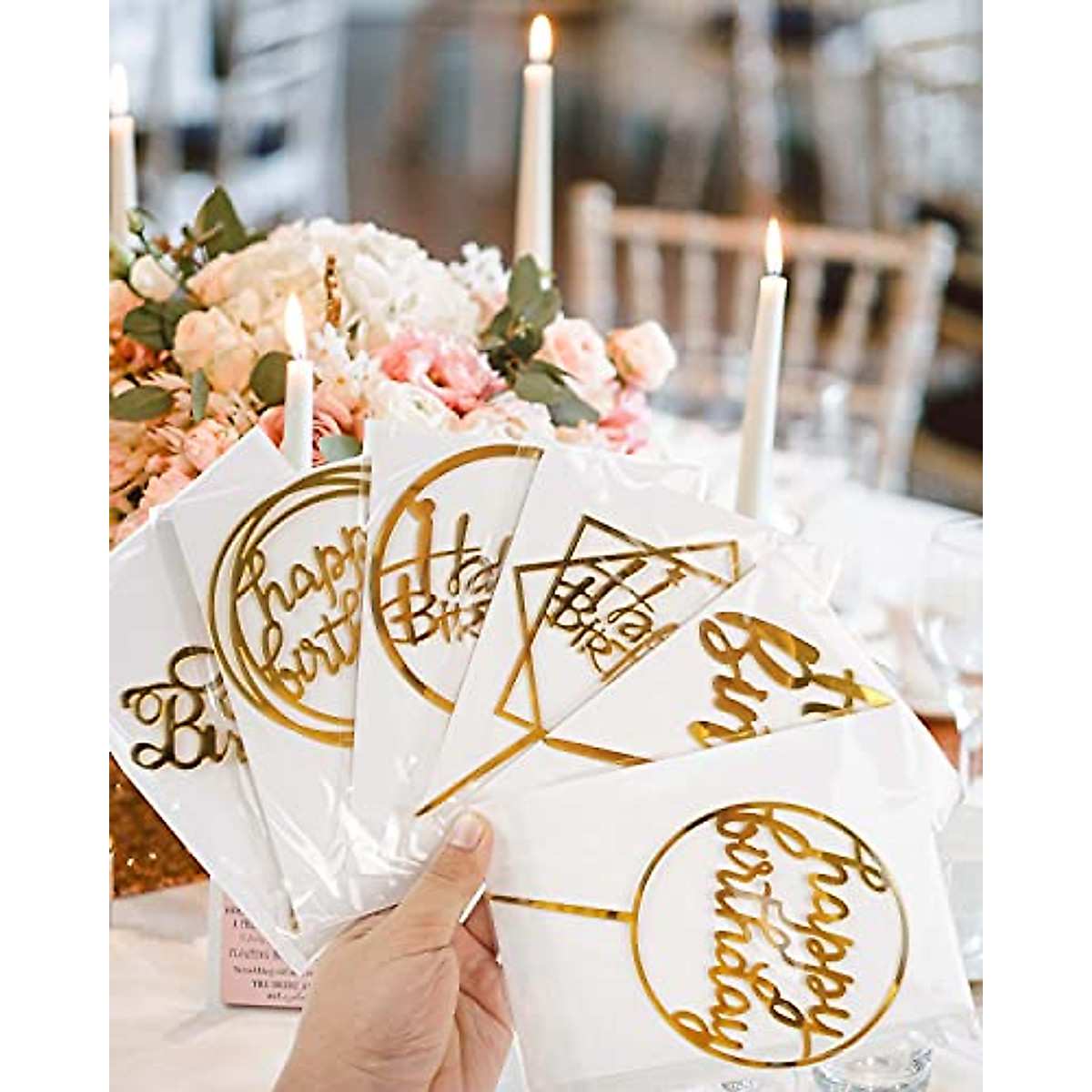 18 Pcs Gold Happy Birthday Acrylic Cake Decoration, Double-Sided Glitter of Birthday Cake Topper for Children or Adults