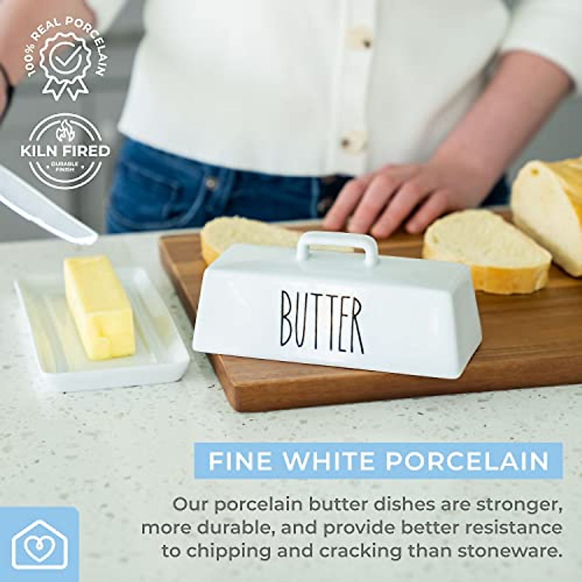 Heartland Home Porcelain Covered Butter Dish with Lid for Countertop (Lid with Handle). 7.6" x 3.8" Butter Holder Container for One Stick of Butter. Textured Tray Butter Keeper for Non Slip Storage