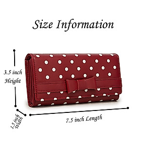 ROYALFAIR Polka Dot Wallet for Women, PU Leather Lady Purse with Cute Bowtie Card Holder Money Manager with ID Window (White Dots in Red)