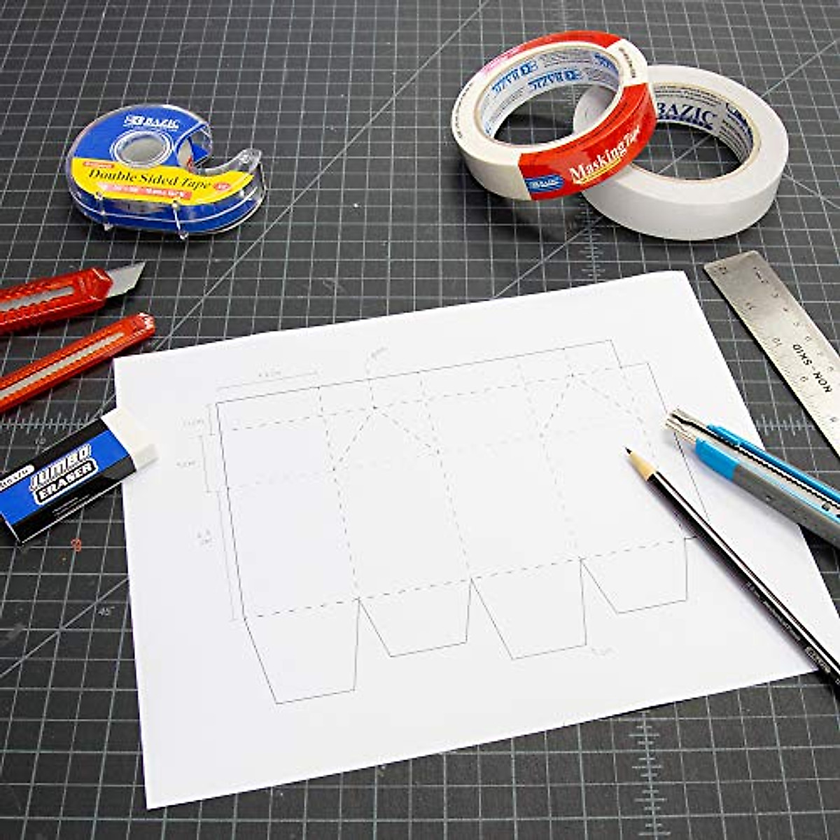 BAZIC Utility Knife Box Cutter 9 mm Blade, Rubber Grip Retractable Snap-Off Razor for Craft Cartons Boxes Office Home, 4-Pack