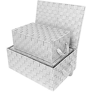 Sorbus Storage Box Woven Basket Bin Container Tote Cube Organizer Set Stackable Storage Basket Woven Strap Shelf Organizer Built-In Carry Handles (Woven Lid Baskets - White)
