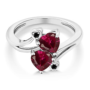 Gem Stone King 10K White Gold Red Created Ruby and Black Diamond Ring For Women (1.96 Cttw, Heart Shape 6MM, Gemstone Birthstone, Available In Size 5, 6, 7, 8, 9)