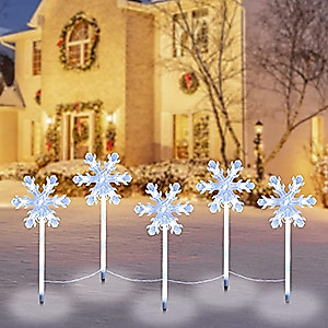 WATERGLIDE Set of 5 Snowflake Christmas Pathway Lights Outdoor, 9" x 23" Large Snowflake Lights Pathway Marker, Plug in Holiday Garden Decorative Lights with Stakes for Walkway Patio Yard Xmas Decor