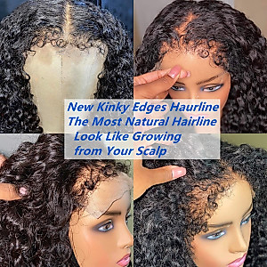 Kun Gang 180% Density Kinky 4C Curly Edges Wig Hairline 13X4 Lace Front Wigs HD Transparent Lace Frontal Wigs Human Hair with Curly Baby Glueless Frontal Wig Natural Pre Plucked (16inch, black)