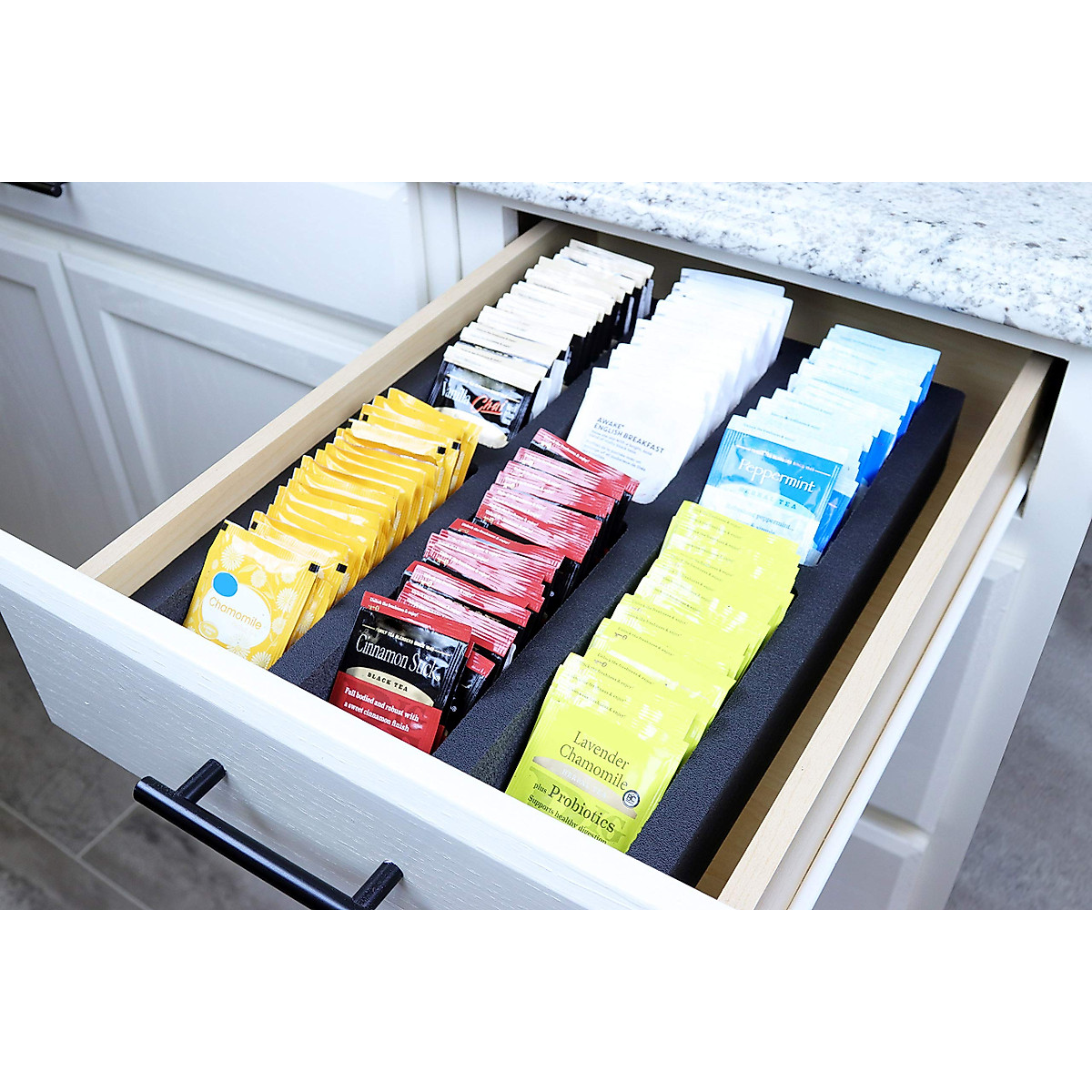 Polar Whale Tea Bag Storage Deluxe Organizer Tray Drawer Bin Insert for Kitchen Home Office Condiments Packets Waterproof Washable Black Foam 6 Compartment 11.9 X 15.9 Inches