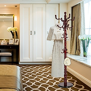 RUFXIEZW Coat Rack Freestanding, Wooden Tree Coat Rack Stand with 3 Adjustable Sizes Coat Tree and 14 Hooks, Sturdy Hall Tree with Solid Round Base for Entryway, Hallway, Bedroom (Reddish brown)