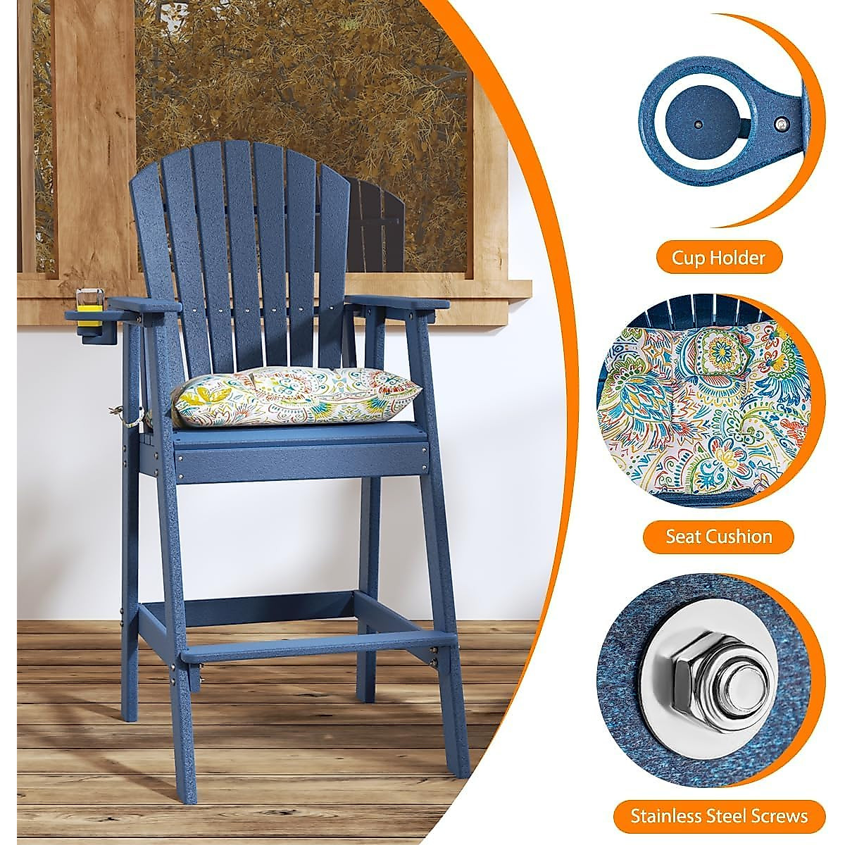 Sundale Outdoor Adirondack Bar Chairs Set of 2, Patio HDPE Bar Stools with Backrest, 30 Inch Seat Height Bistro Tall Dining Counter Barstools with Cushion, All-Weather Pub Height Chair, Navy Blue