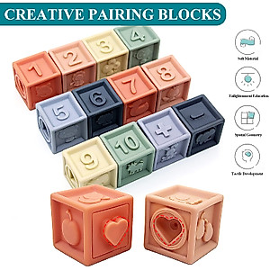 Kingtree Baby Blocks (Set of 12), Soft Silicone Building Blocks Squeeze Stacking Toys for 6+ Months Babies, Colorful Early Educational Puzzle Toy for Toddlers with Numbers Animals Shapes Textures