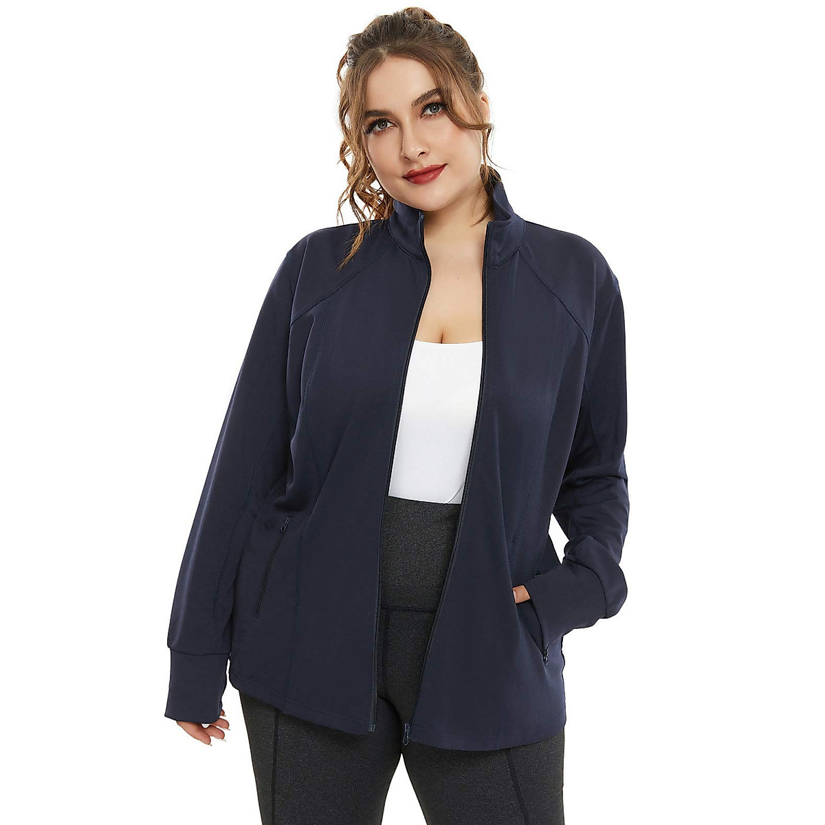 Hanna Nikole Womens Plus Size Active Full Zip Long Sleeve Jacket with Front Pockets Navy 24W