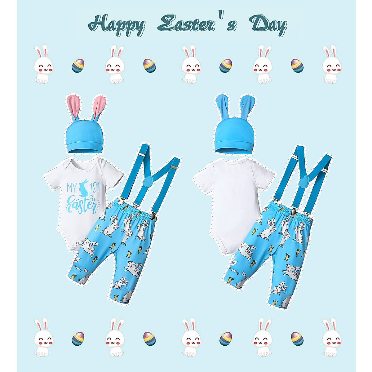 AGAPENG Baby Boy Easter Outfit Easter Outfit Baby Boy My First Easter Baby Boy Outfit Baby Boy Easter Outfit 0-3 Month Infant Short Sleeve Romper Bunny Suspender Pants Rabbit Ears Hat Blue