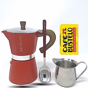 Cuban Coffee Starter Kit | Cafecito 6 Cups Moka Pot Red Set | Cafetera Cubana Stovetop Espresso Maker Red Set | Anti-Splash Valve Included