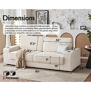 Jocisland Sofa, 89 Inch Deep Seat Couch with USB Charging Stations & Drink Holders, Modern Sofa- Comfy Sofa Couch for Living Room (Beige Corduroy)