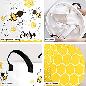 Personalized Laundry Basket Hamper,Bee Honeycomb Yellow,Collapsible Storage Baskets with Handles for Kids Room,Clothes, Nursery Decor