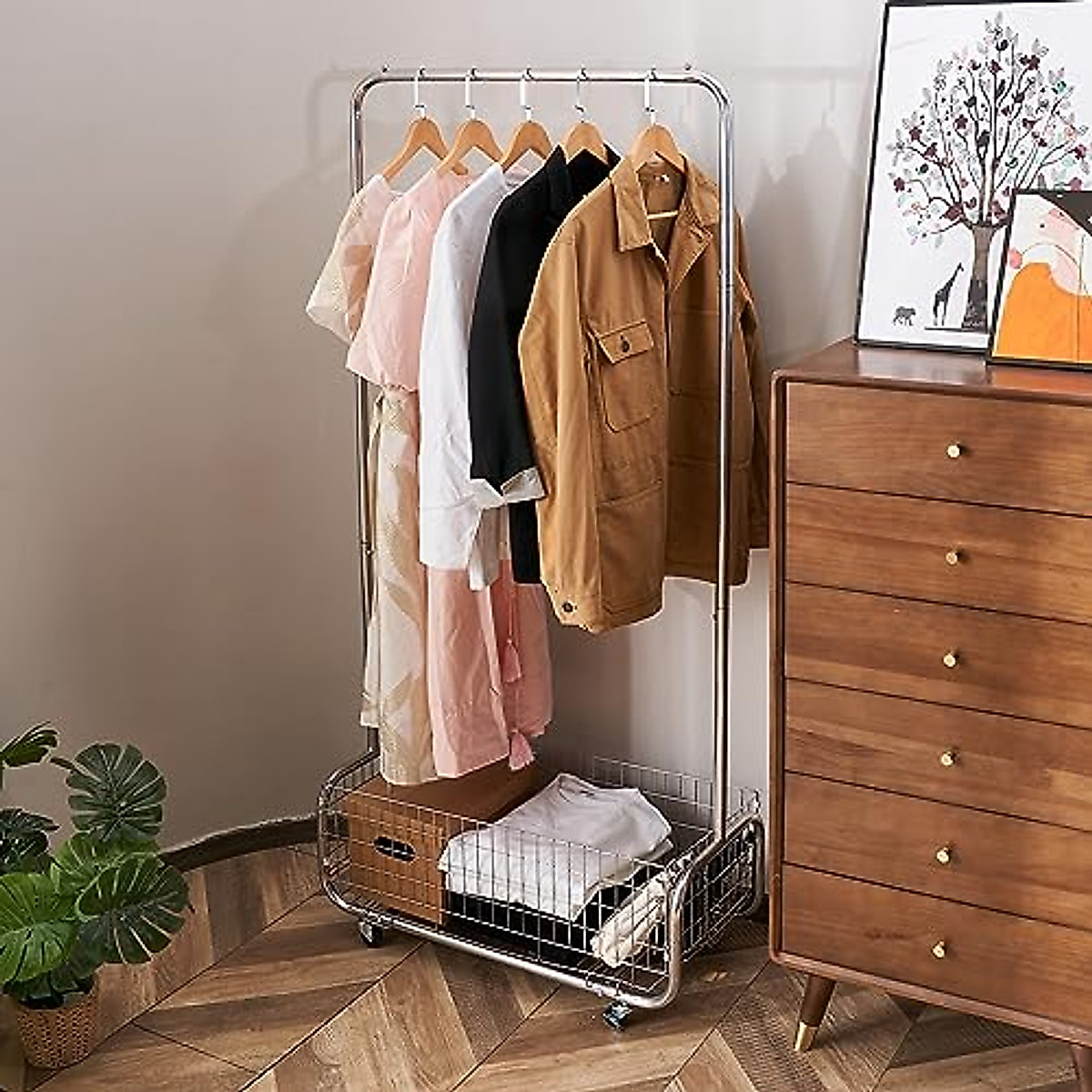 IAMFAN Clothes Rack Heavy Duty,Rolling Clothes Racks for Hanging Clothes,Portable Metal Clothing Rack,Garment Racks with Wheels,Wardrobe Rack(Chrome, Medium)