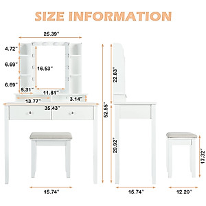 LINLUX Makeup Vanity Desk with Mirror and Lights, White Vanity Table Set with Charging Station, Open Shelves, 3 Color & Adjustable Brightness, Dressing Table with Cushioned Stool for Bedroom
