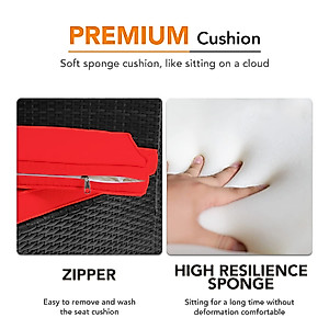 3 Pieces Rocking Bistro Set Wicker Patio Furniture Outdoor Conversation Sets Rattan Rocking Chairs with Red Cushions and Glass Coffee Table for Patio Porch Backyard Balcony Poolside Garden