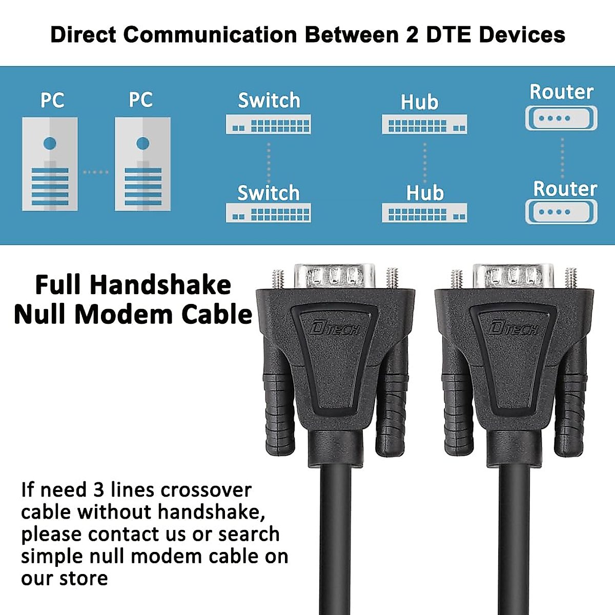 DTech 15ft DB9 RS232 Serial Cable Male to Male Null Modem Cord Full Handshaking 7 Wire Crossover for Data Communication Compatible with Computer Network Switch Router (15 Feet, Black)