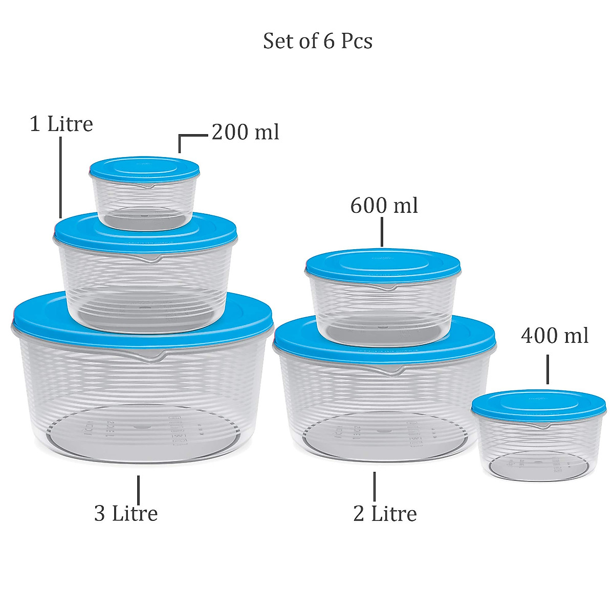 Milton Store It Plastic Container Set of 6, (200 ml, 400 ml, 600 ml, 1 litre, 2 litre, 3 litre), Blue | Air Tight | Stackable | Kitchen Organiser