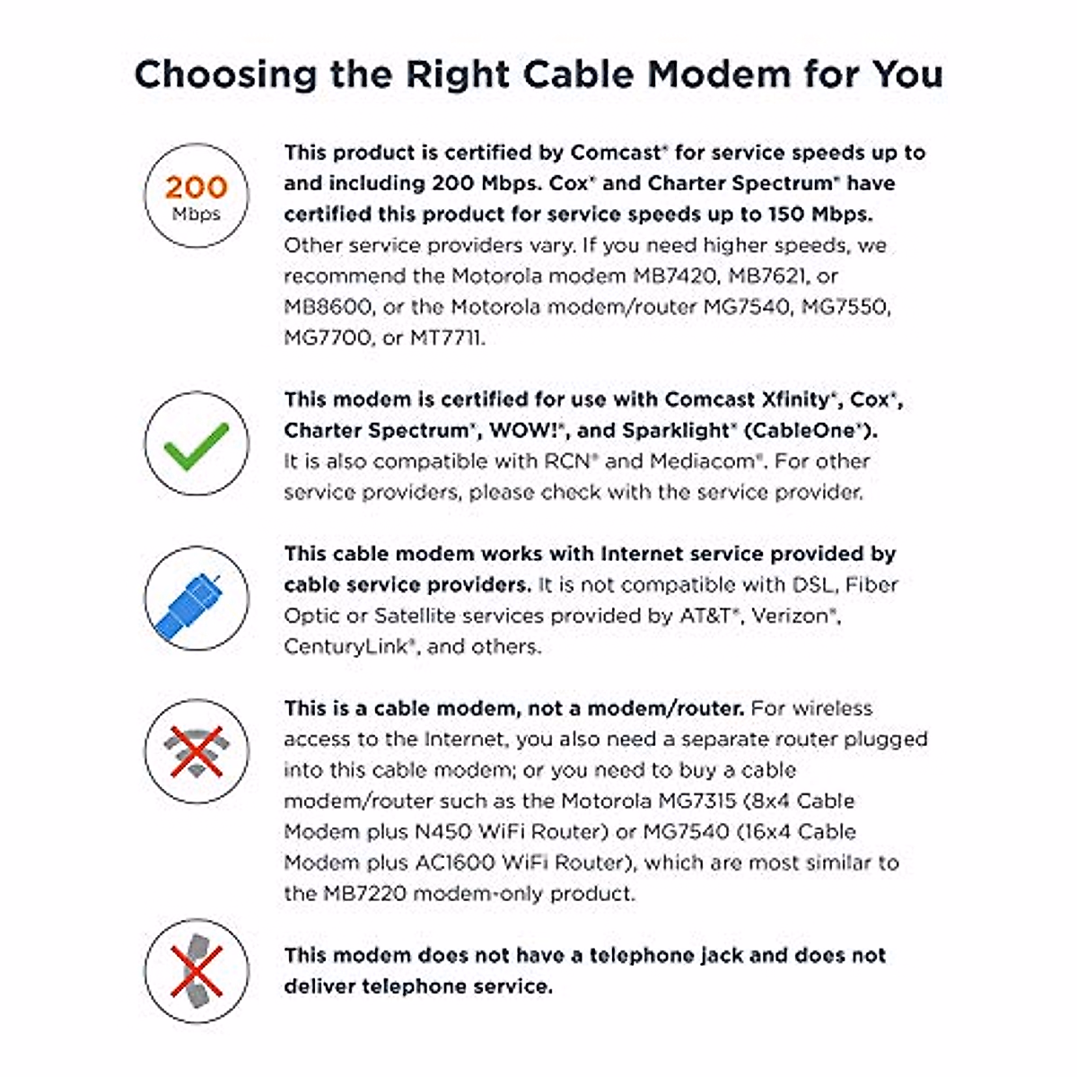 MOTOROLA 8x4 Cable Modem, Model MB7220, 343 Mbps DOCSIS 3.0, Certified by Comcast XFINITY, Time Warner Cable, Cox, BrightHouse, and More (No Wireless)