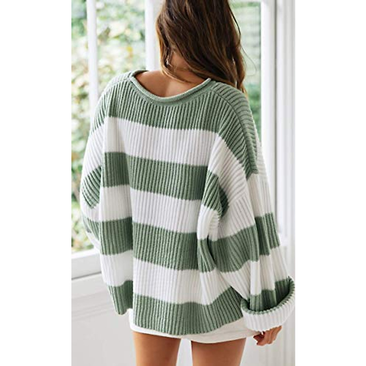 ZESICA Women's 2023 Fall Long Sleeve Crew Neck Striped Color Block Comfy Loose Oversized Knitted Pullover Sweater,Green,Small