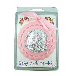 Moulded Acrylic Pink Crib Medal with Guardian Angel for Baby Girl Nursery Decor, 3 1/2 Inch