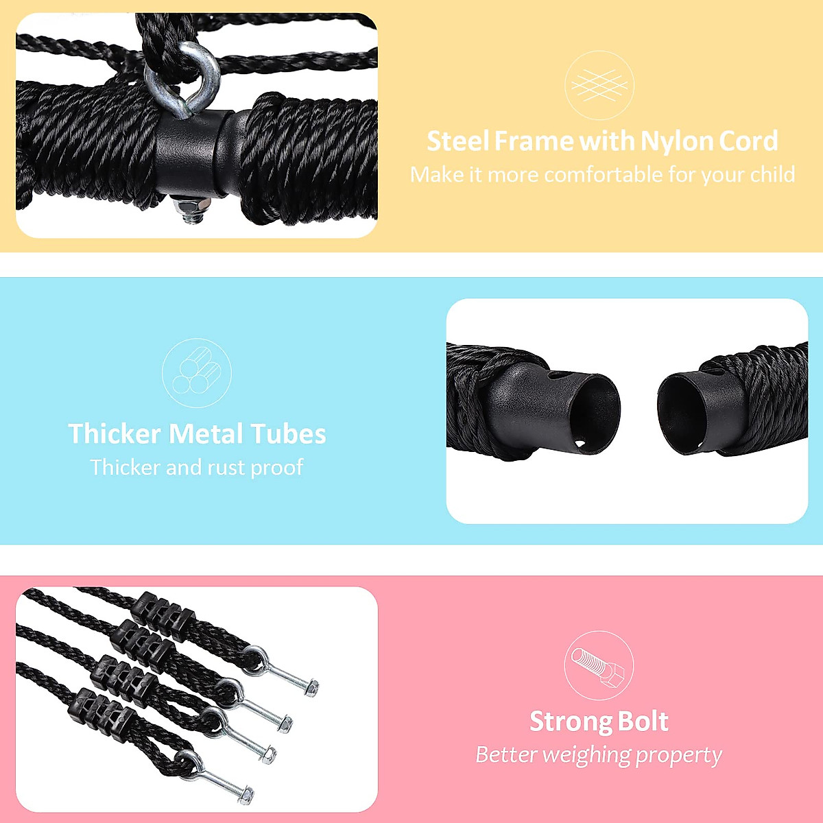 Pitpat 40" Spider Web Swing with 4 Ropes Adjustable from 55" to 102", Spider Swing for Kids for Kids MAX 440 Lbs Load and Stainless Steel Frame, Outdoor Large Web Swings for Tree - Black Upgraded