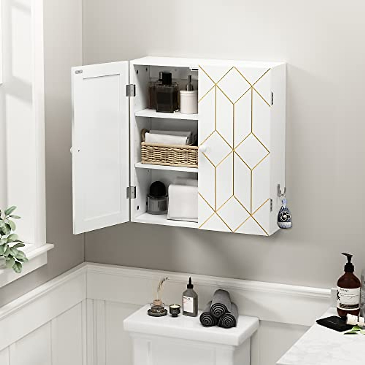 AZODY Bathroom Cabinet with Gold Trim, Wall-Mounted Bathroom Cabinet Storage Cabinet with Adjustable Shelves and Side Hooks, Space Saver Medicine Cabinet for Livingroom, Laundry, Frameless White