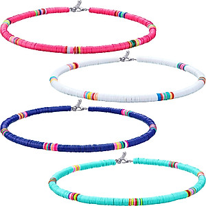 Hicarer 4 Pcs Summer Heishi Surfer Necklace Heishi Beaded Necklace Bohemian Bead Choker Colorful Vinyl Disc Boho Beach Necklace for Women