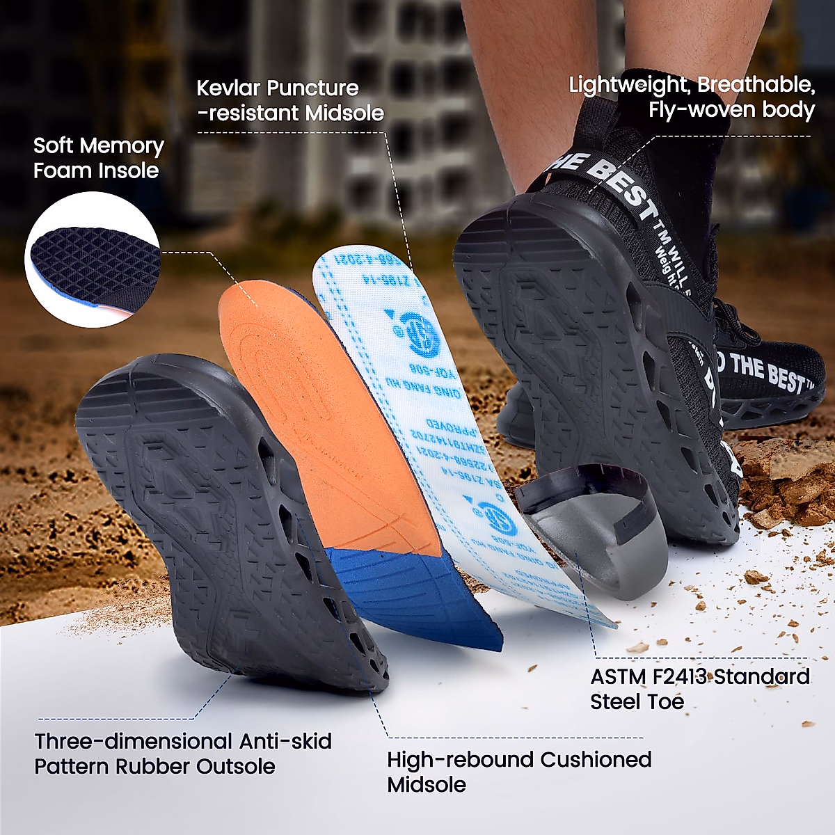 Furuian Safety Shoes Men Work Sneakers, Steel Toe, Lightweight, Comfortable, Black, Size 11.5/13