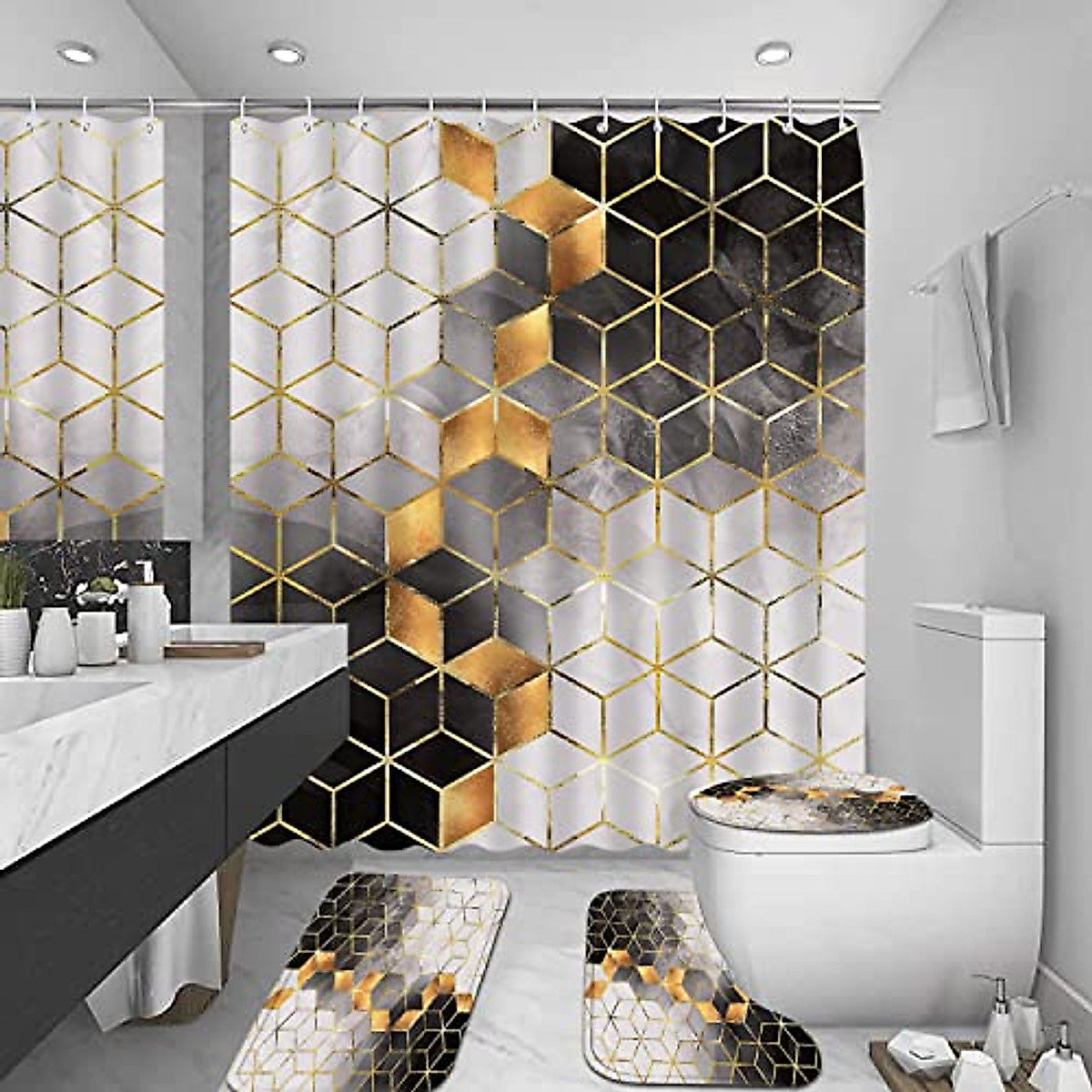 LQCOOL 4Pcs Black Gradient Shower Curtain Set,Black Marbling Shower Curtain Set Golden Cubic Lines Bathroom Set Texture Modern Art Bath Accessories with Mats
