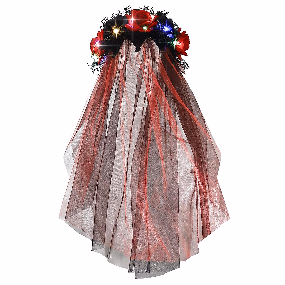 JEAIRTS Led Flower Crown Headband with Veil Day of the Dead Hair Bands Rose Mexican Floral Headpiece Gothic Costume Halloween Hair Accessories for Women and Girls