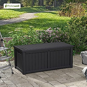Patiowell 120 Gallon Deck Box, Waterproof Resin Large Outdoor Deck Storage Box for Patio Furniture, Pool Accessories, Toys, Garden Tools and Sports Equipment, Lockable, Black