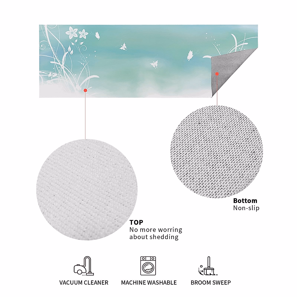 Welcome Mats, Floral Butterfly and Grass Silhouette on Green Door Mat, Non-Slip Absorbent Large 16x47 Inch Outdoor Indoor Mat Low-Profile Floor Mat Doormat for Entryway/Patio/Garage