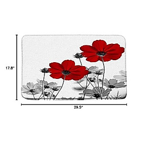 FEIERMAN Red Gray Floral Bath Mat/Rug Simple Elegance Retro Daisy Abstract Flower Microfiber Memory Foam Bathroom Decor Mat Not Easy to Slide Backing 17.8X 29.5 Inch/45x 75cm