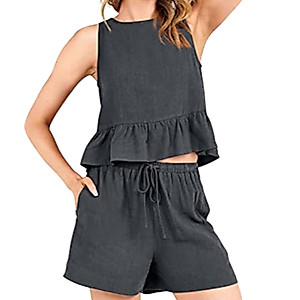 FIHCH Linen Sets for Women 2 Piece Casual Tracksuit Outfit Sets 3/4 Sleeve Shirt Drawstring Shorts Pockets 2 Piece Lounge Set