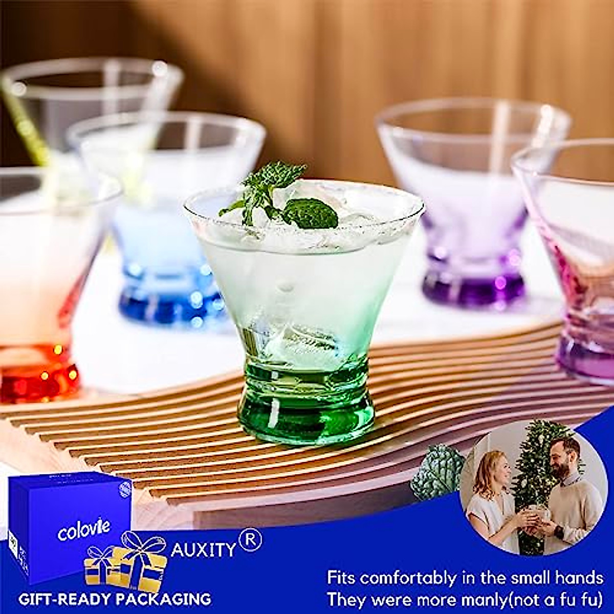 ColoVie Martini Glasses Set of 6(8oz) - Stemless Martini Glass- Colored Cocktail Glasses - Margarita Glasses - Espresso Martini Glass Cups- Home Bar - Party,Birthday,Housewarming Gift