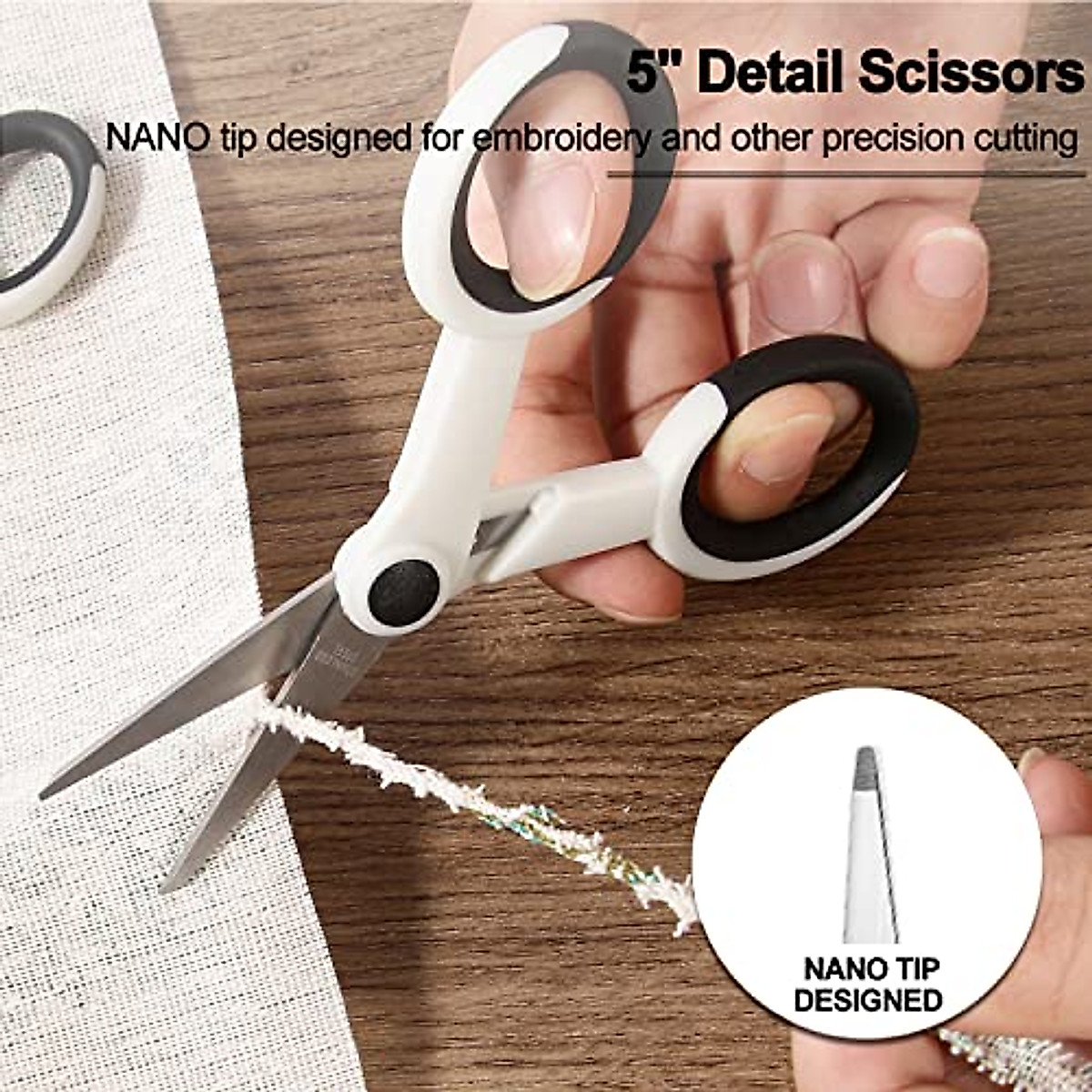 Premium Tailor Sewing Scissors Bundle, 8.1" Heavy Duty Sharp Fabric Scissors, 5.1"/4" Detail Embroidery Scissors, 5" Thread Snips with Comfort Grip (Grayish White)