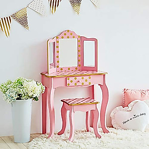 Teamson Kids Pretend Play Kids Vanity, Table & Chair Vanity Set with Mirror, Girls Makeup Dressing Table with Storage Drawer & Polka Dot Print, Gisele Collection, Pink/Gold
