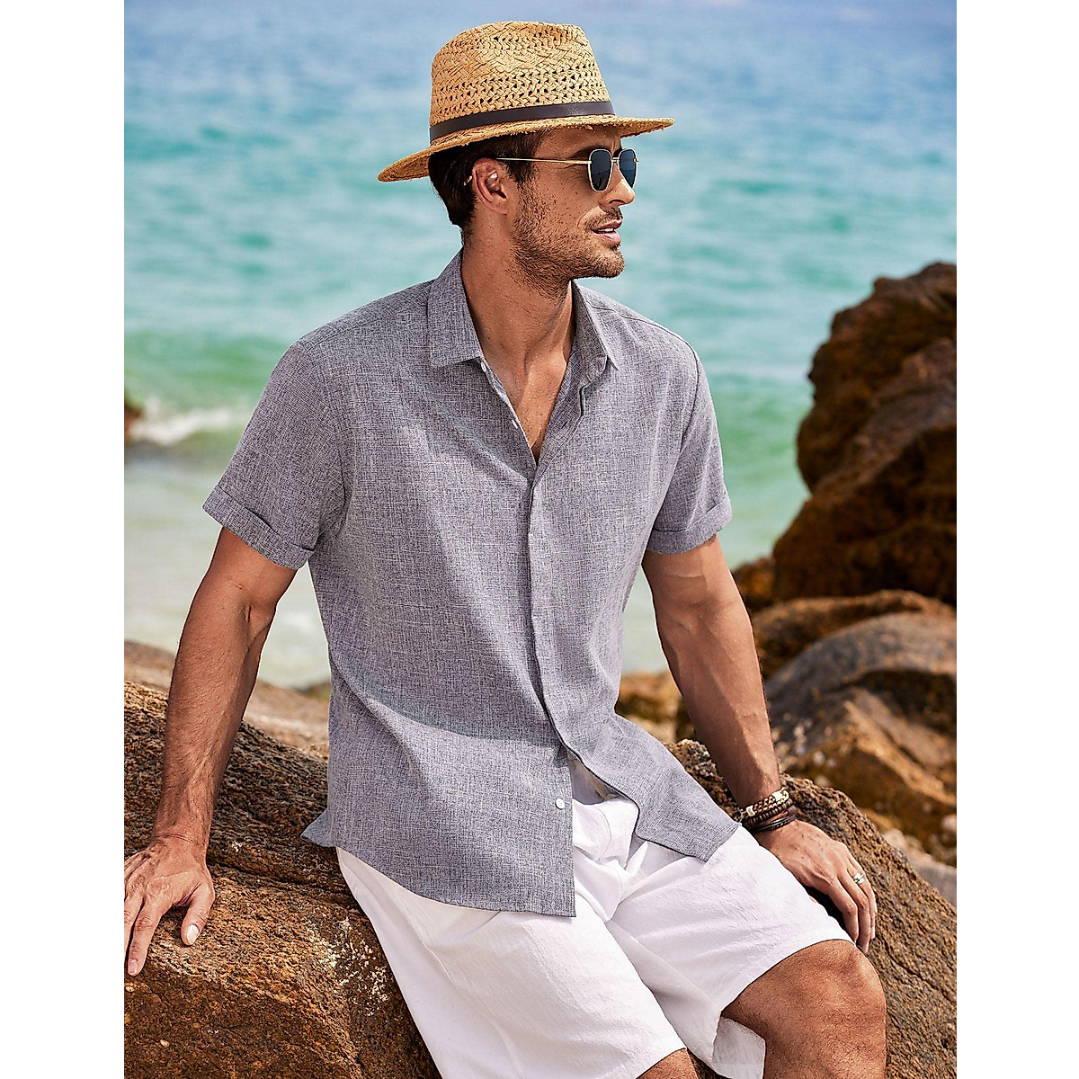 COOFANDY Men's Casual Shirts Button Down Linen Shirt Short Sleeve Cotton Linen Shirts for Men Summer Beach Yoga T Shirts Dark Blue Grey