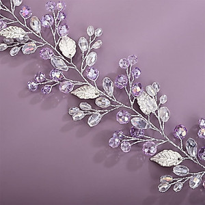 Teyglen Bridal Wedding Hair Vine Headband Silver Crystal Leaf Hair Pieces Handmade Blue Red Green Rhinestone Headpiece Hair Accessories for Women Bride Girls (Light Purple)