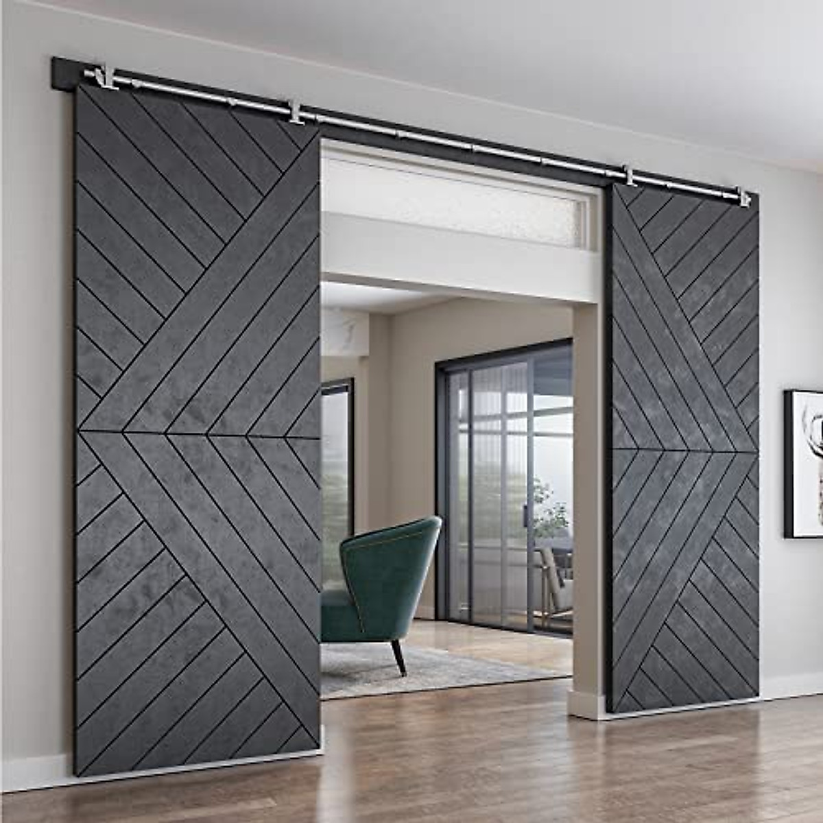 SMARTSTANDARD 12 Feet Top Mount Double Sliding Hardware Kit-Stainless Steel Heavy Duty Sturdy Barn Track-Simple and Easy to Install-Fit 36“ Wide Door Panel (T Shape Hanger)