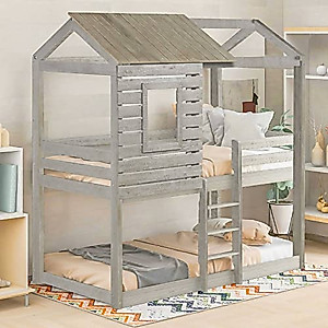 Mesnt Twin Bunk Bed Frame | Twin Over Twin Bunk Bed Wood Loft Bed with Roof, Window, Guardrail, Ladder Antique Gray