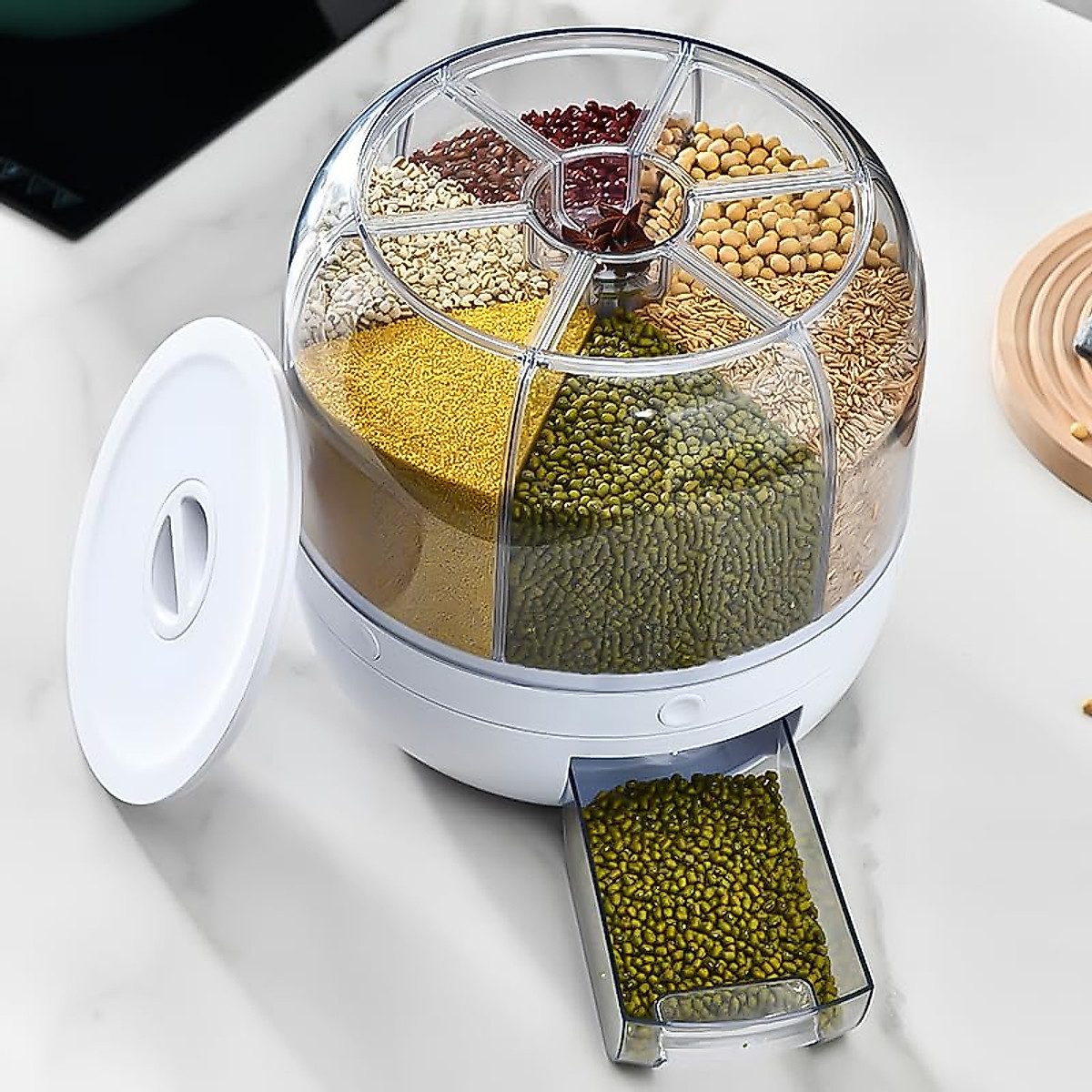 Rotating Grain Dry Food Dispenser Countertop - 6 Grids Cereal Tank for Lentils, Rice, Beans - Transparent Kitchen Pantry Storage Container, 360° Rotatable Design, Max 22 lbs Capacity, White - PET+PP