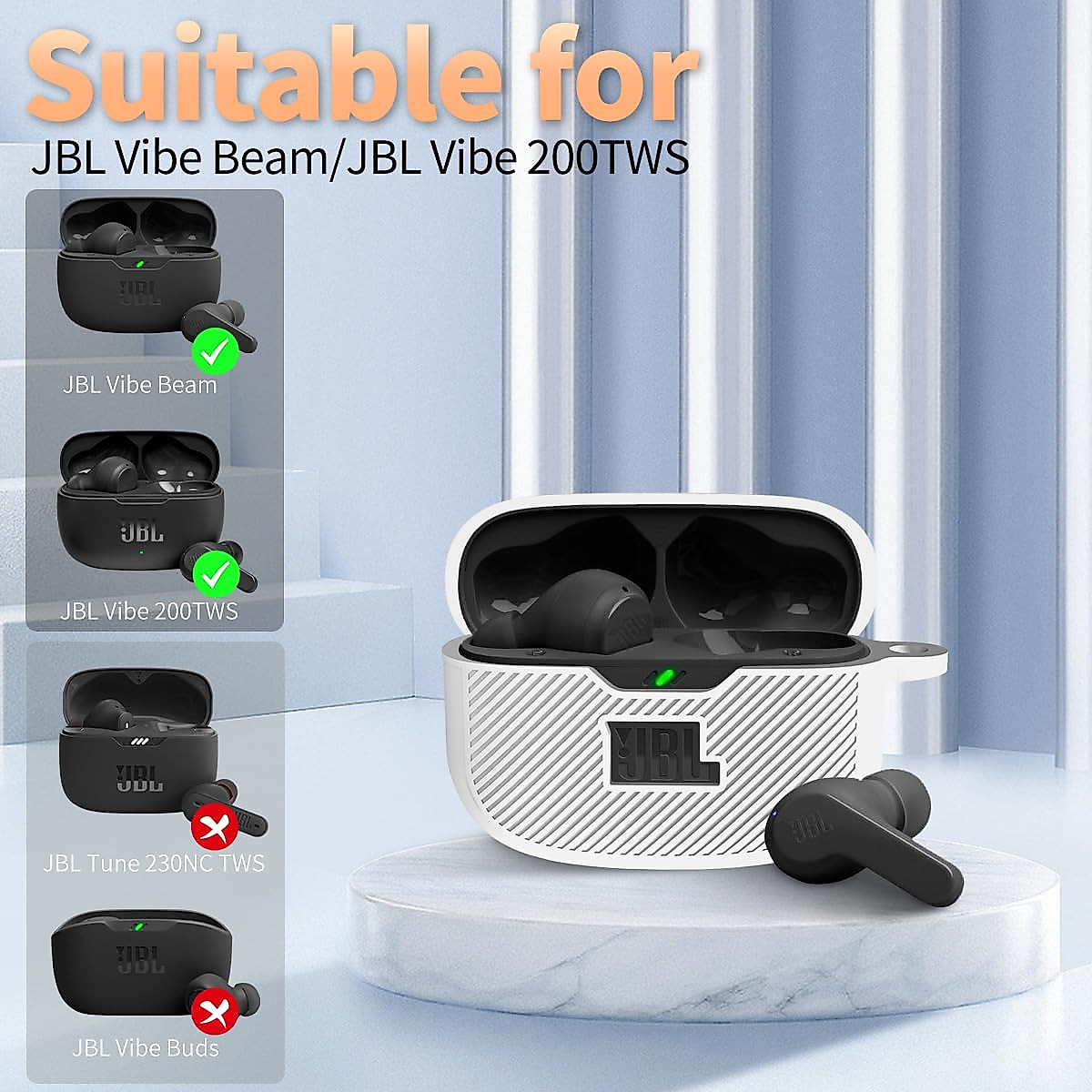 KGDHjuei for JBL Vibe 200TWS/JBL Vibe Beam Case Cover, Silicone Protective Shock Cover Compatible with JBL Vibe 200TWS & JBL Vibe Beam True Wireless Headphones Charging Case with Carabiner (White)