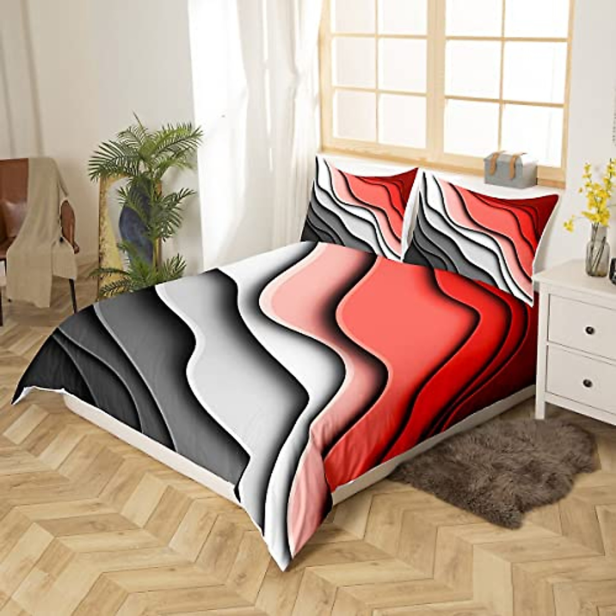 Erosebridal Coastline Beach Bed Set Sea Duvet Cover, Abstract Art Bedding Set Full Gray Black Red Ombre Comforter Cover, Modern Aesthetic Bed Cover with Zipper Closure Summer Beach Farmhouse Decor