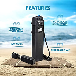 AquaShine JUP-23 Submersible UV Sterilizer for Aquarium - 13W aquarium powerhead with Built in Water and Air Pump - Extra UV Bulb Included - Green Algae Killing Machine.