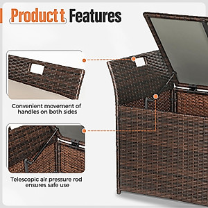 CrownLand 80 Gallon Outdoor Storage Bench with Cushion, Outdoor Wicker Storage Box, Patio Deck Box with Seat, for Garden, Balcony, Poolside (Brown)